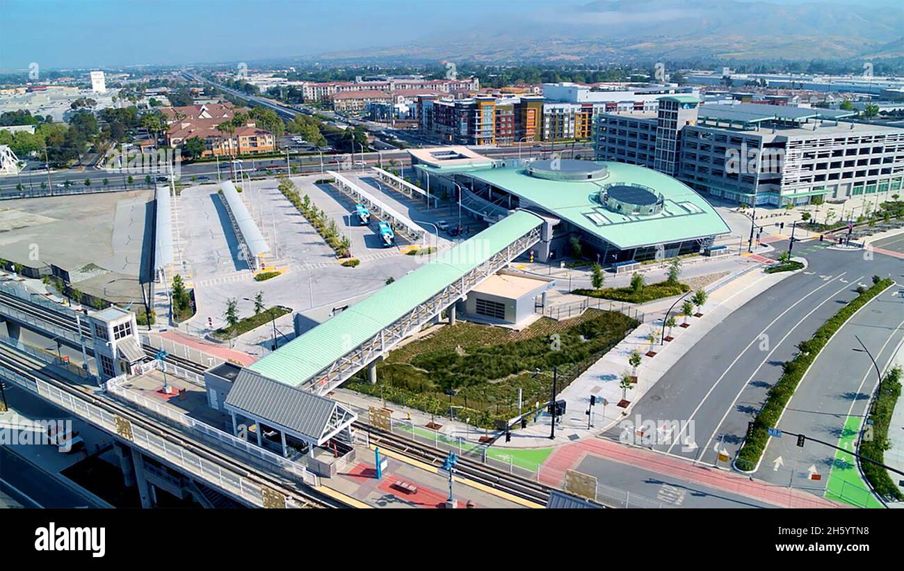 Aerial view of the Milpitas Transit Center and its connections. In the ...