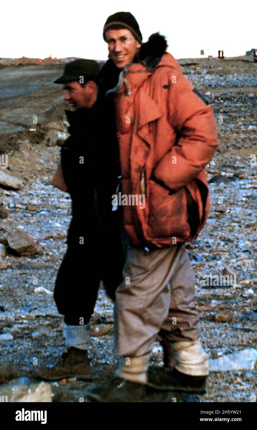 Sir Edmund Hillary after accompanying first plane to land at the Marble ...