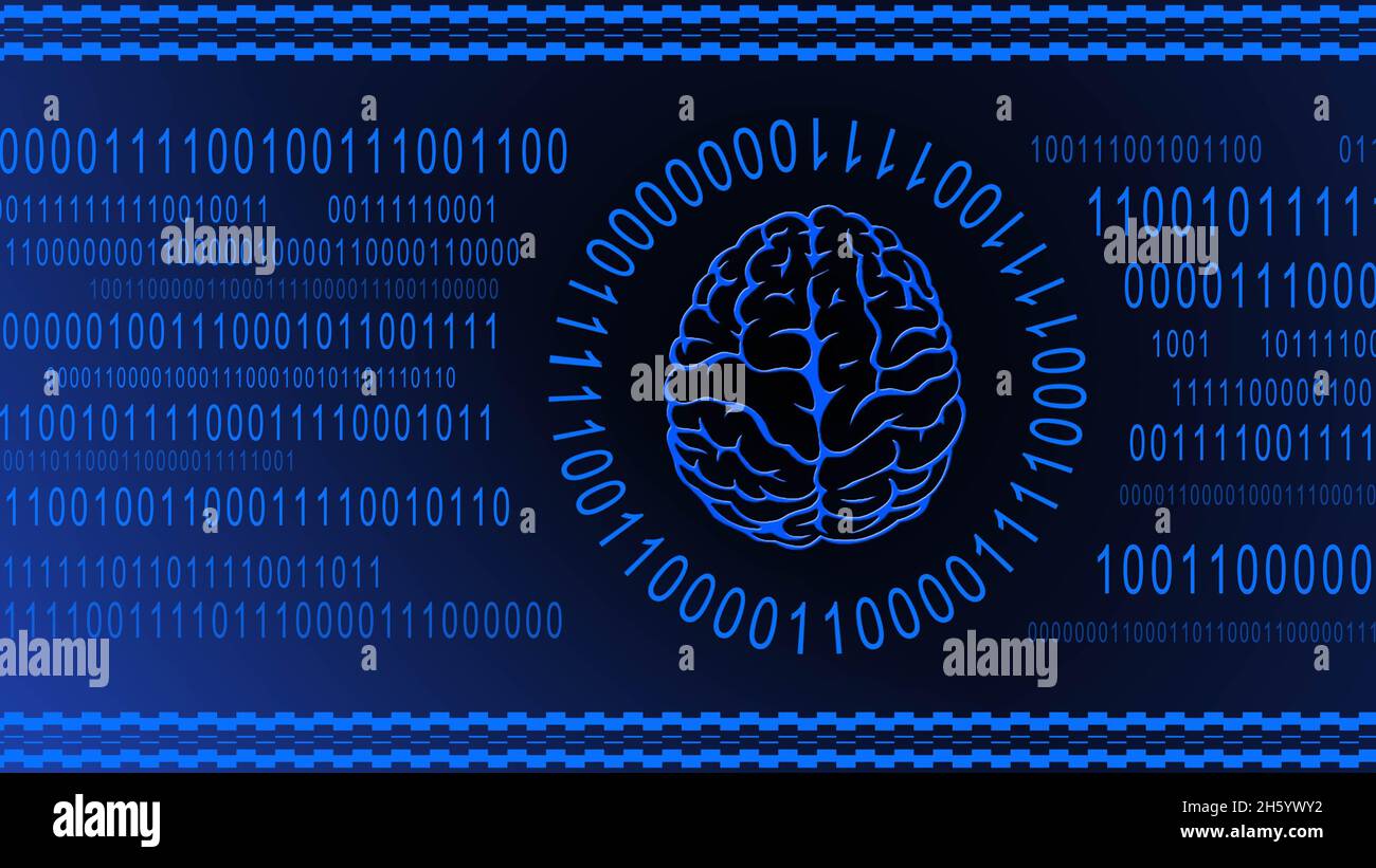 Brain symbol centered in a ring of binary code on blue digital ...