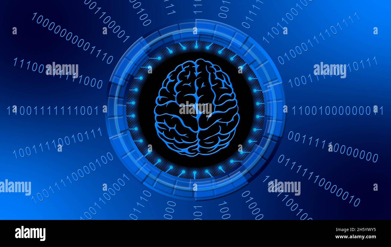 Brain Symbol Centered In Rays Of Binary Code Around Hud Elements In Blue Design Symbolic Of Ai