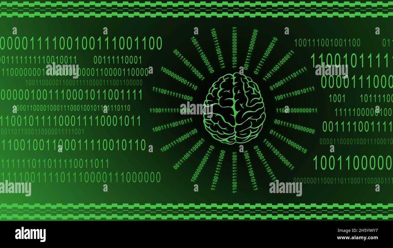 Brain symbol centered in rays of binary code on green digital ...