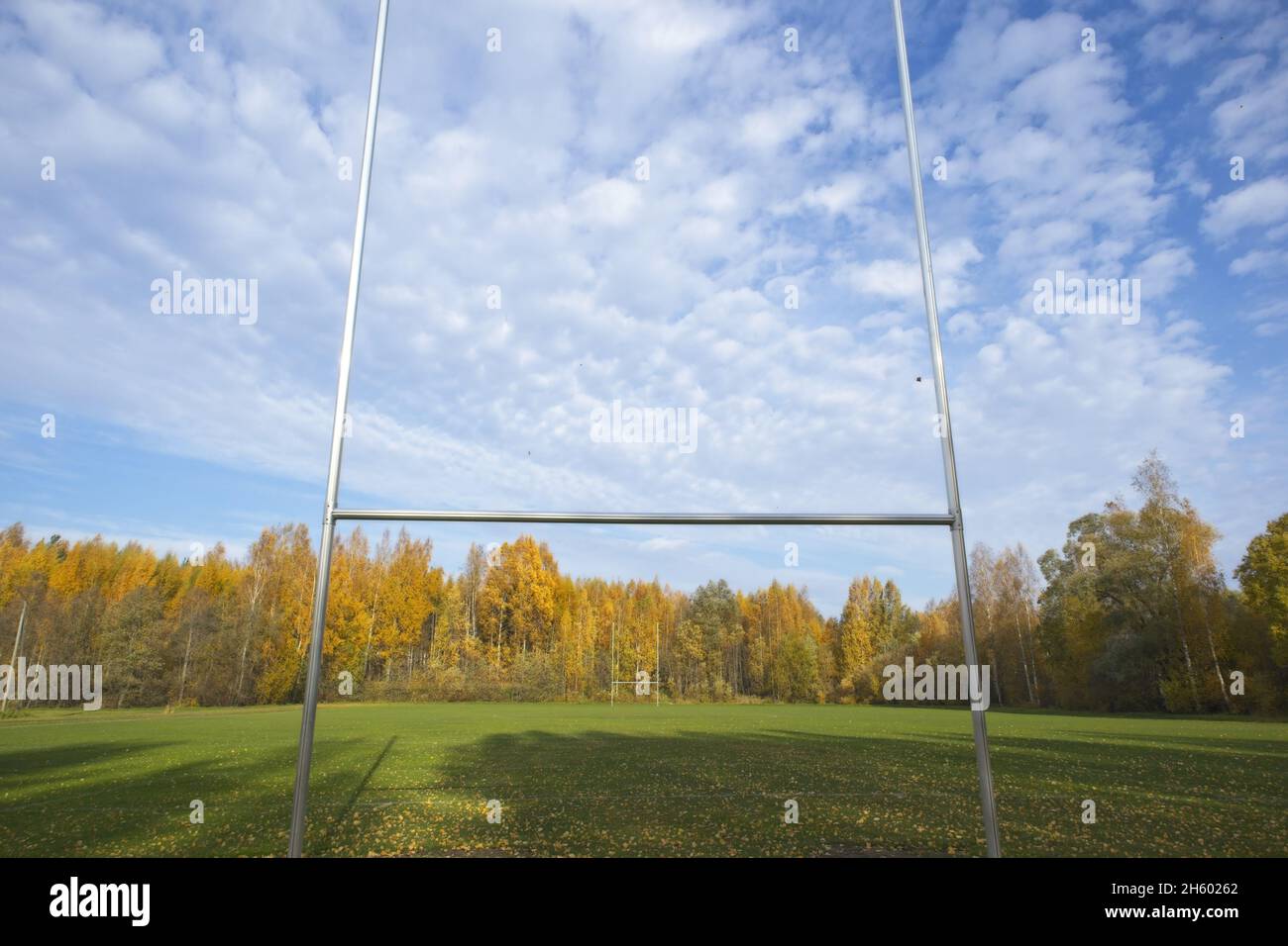American football goal post on an empty field Stock Photo - Alamy