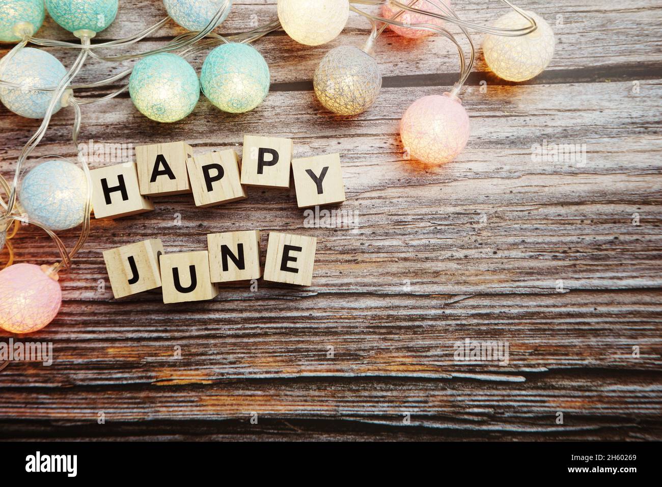 Happy June alphabet letter with LED Cotton ball Decoration on wooden ...