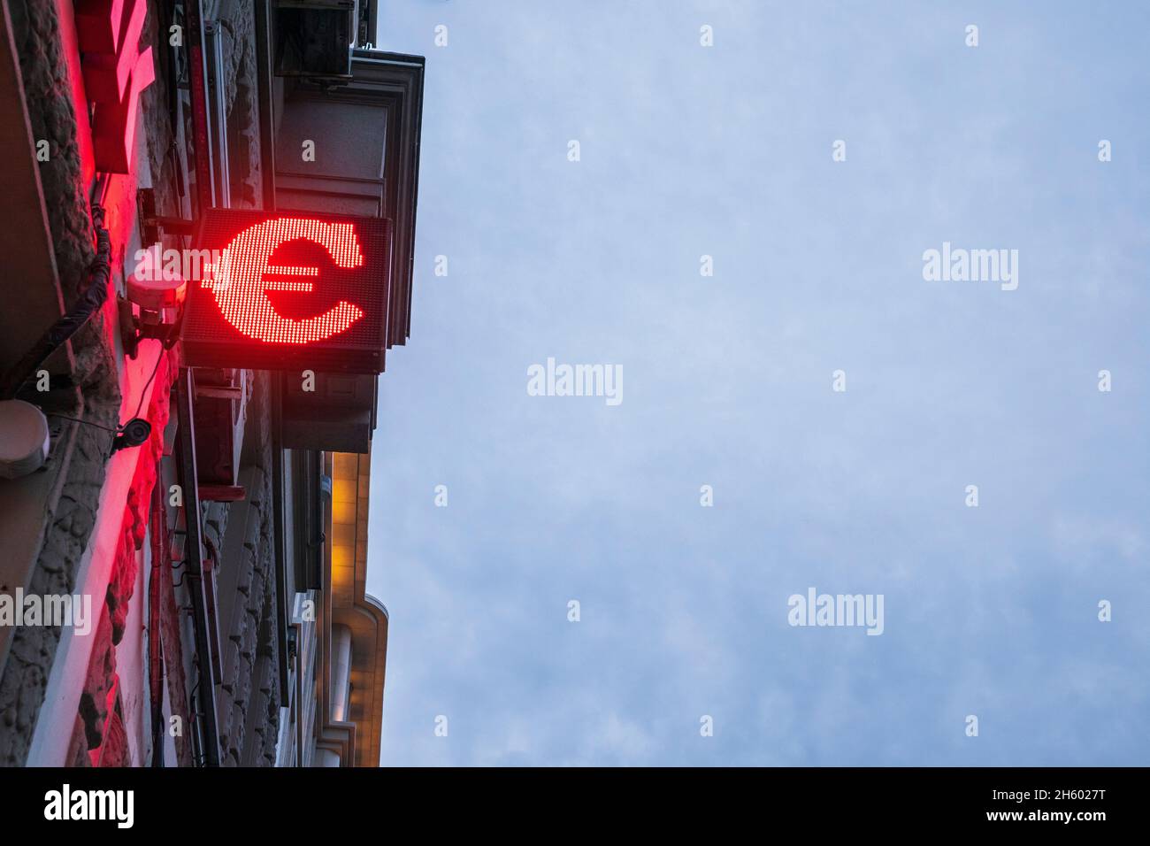 neon euro sgn currency exchange on the building.concept banking Stock ...