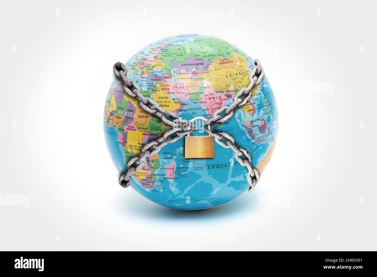 Earth lockdown with metal chain and lock to illustrate covid Stock ...