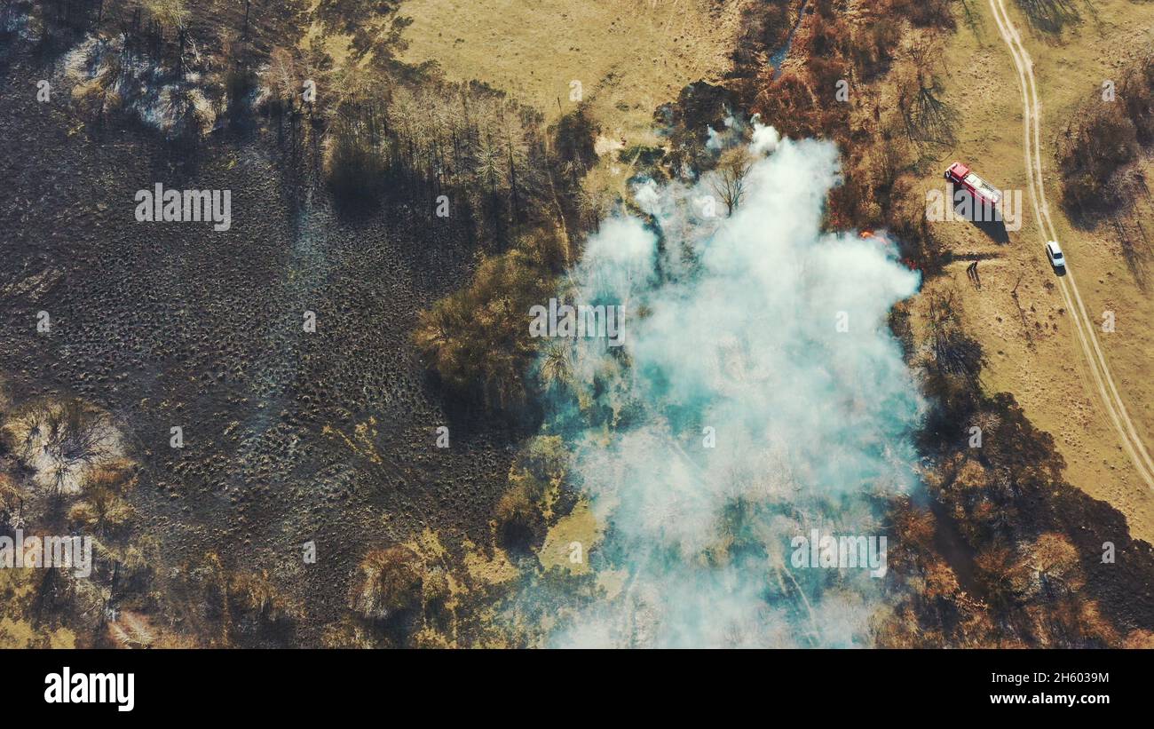 Aerial View. Spring Dry Grass Burns During Drought Hot Weather. Bush ...