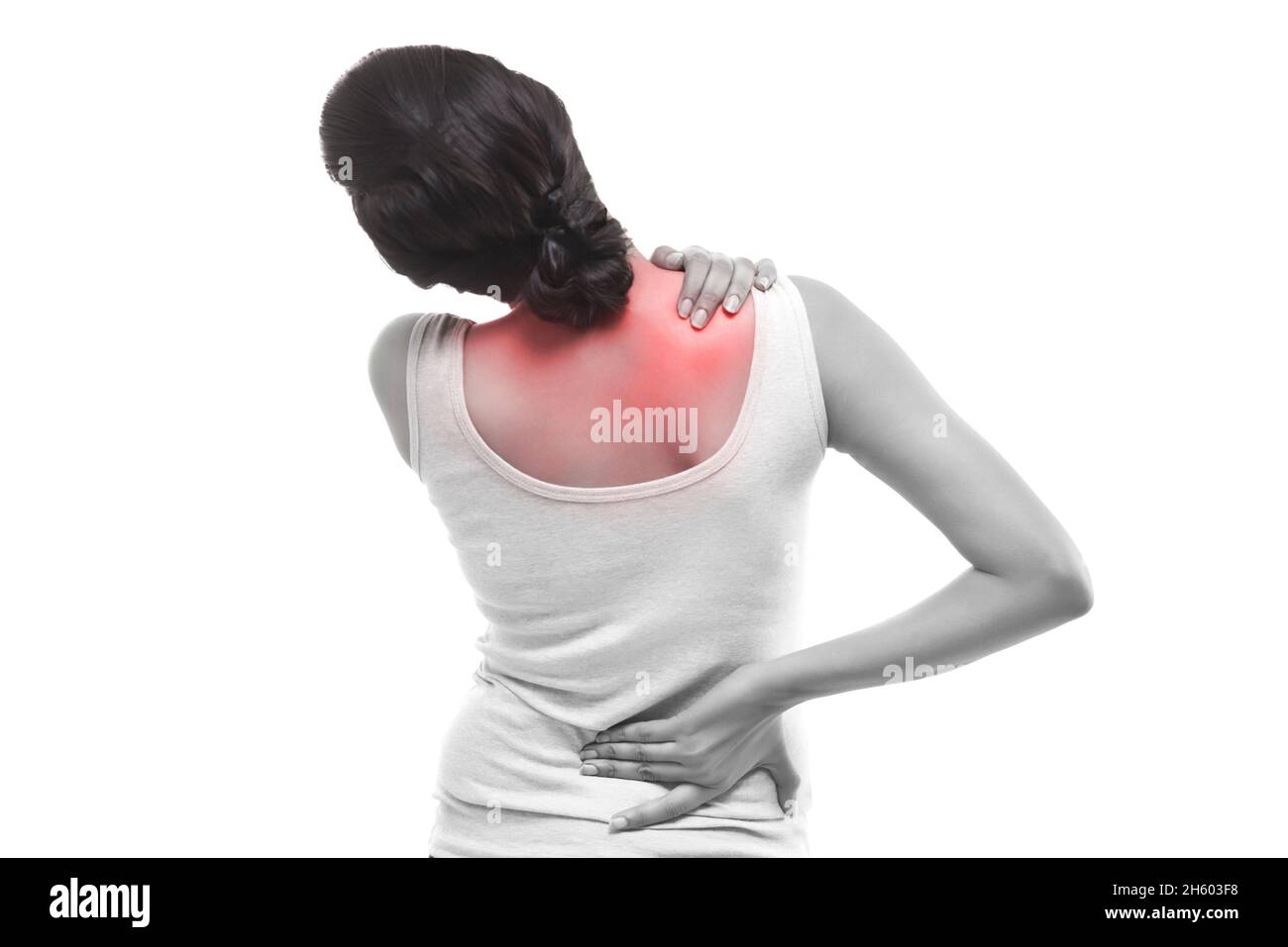Back view of a woman experiencing pain in neck and back Stock Photo - Alamy