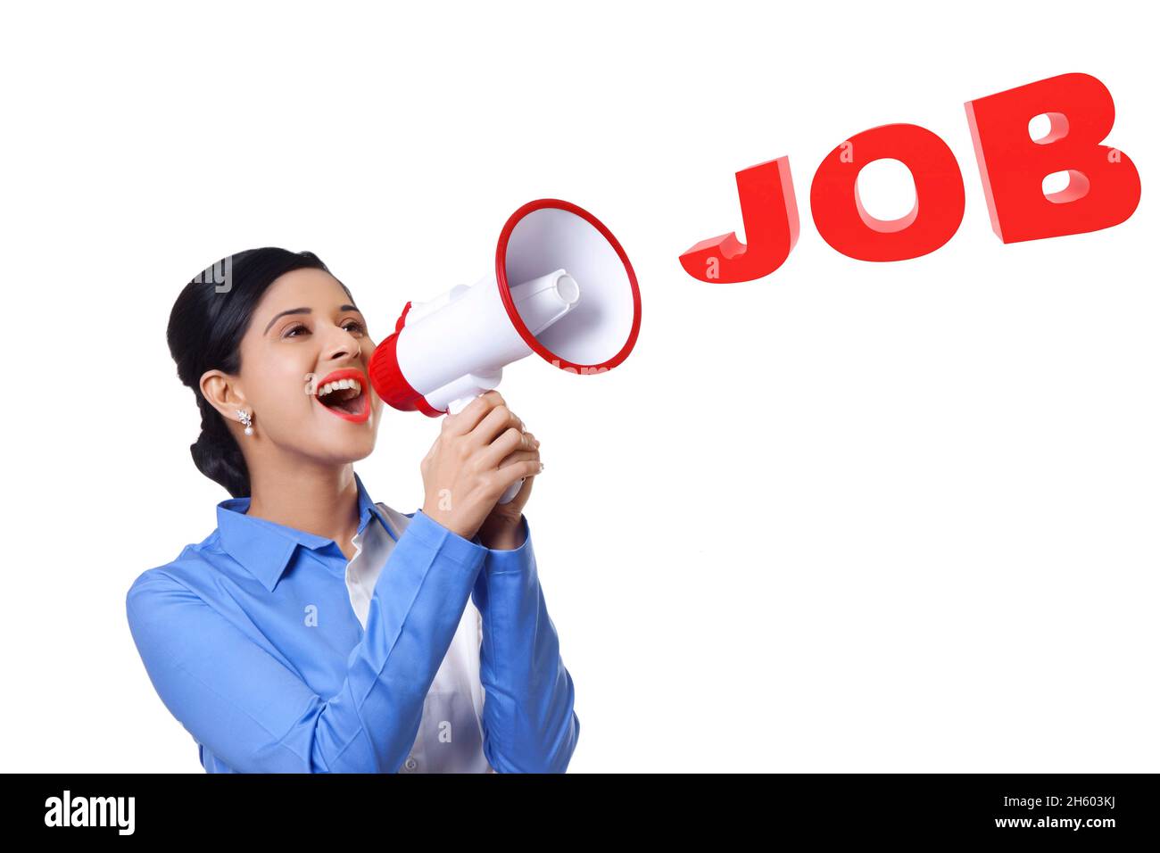 A female corporate employee in formal business suit making announcement ...