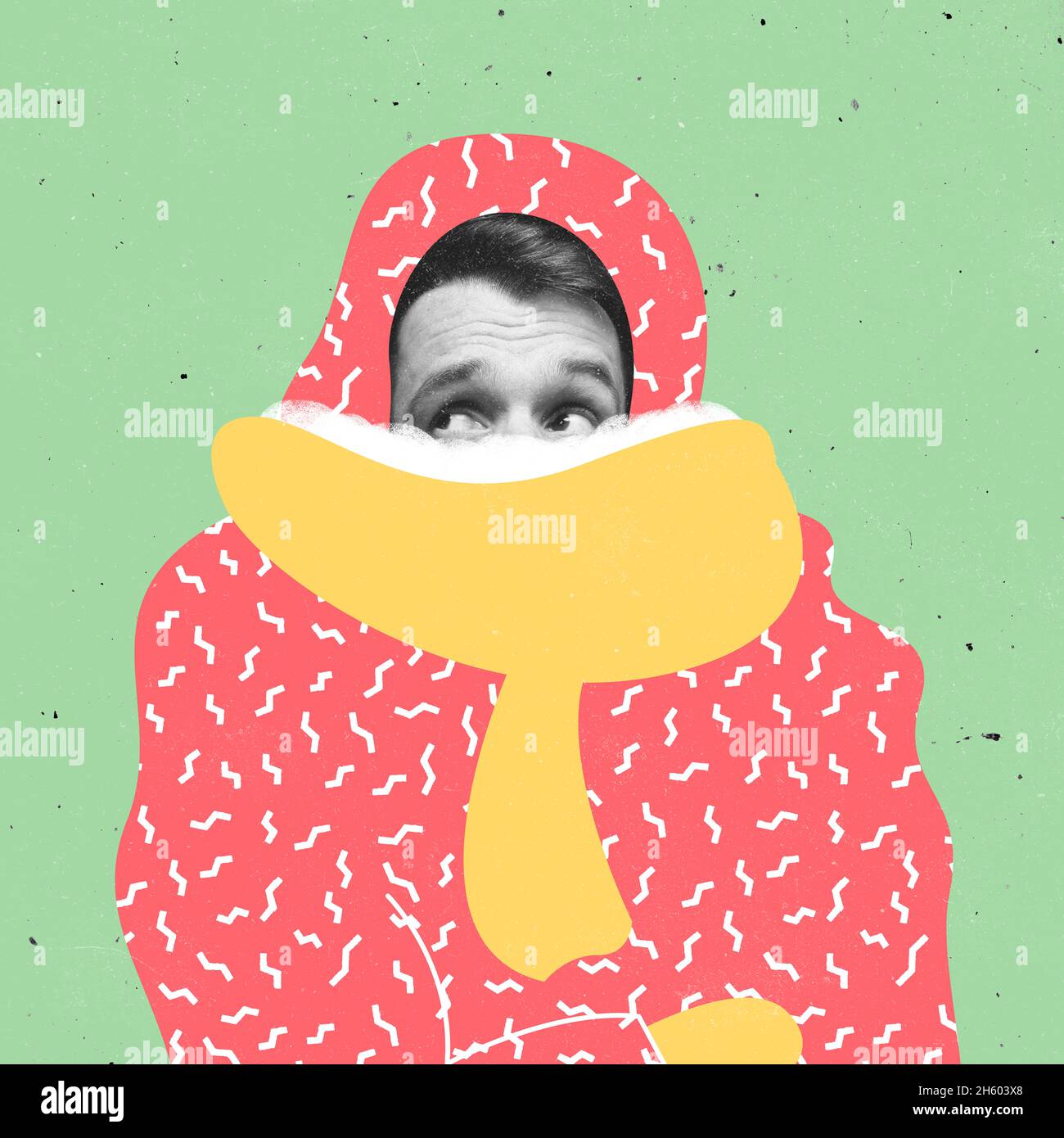 Contemporary art collage of funny man in drawn pink down-padded coat ...