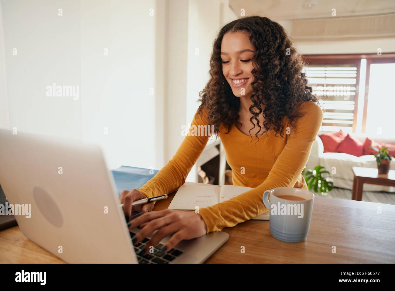 Multi-cultural female happily working from home on her laptop. Young ...