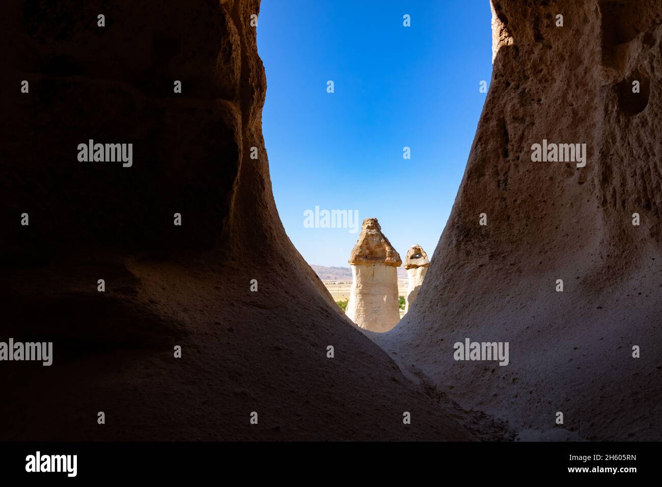 Cappadocia view from the inside of a fairy chimney or peri bacasi ...