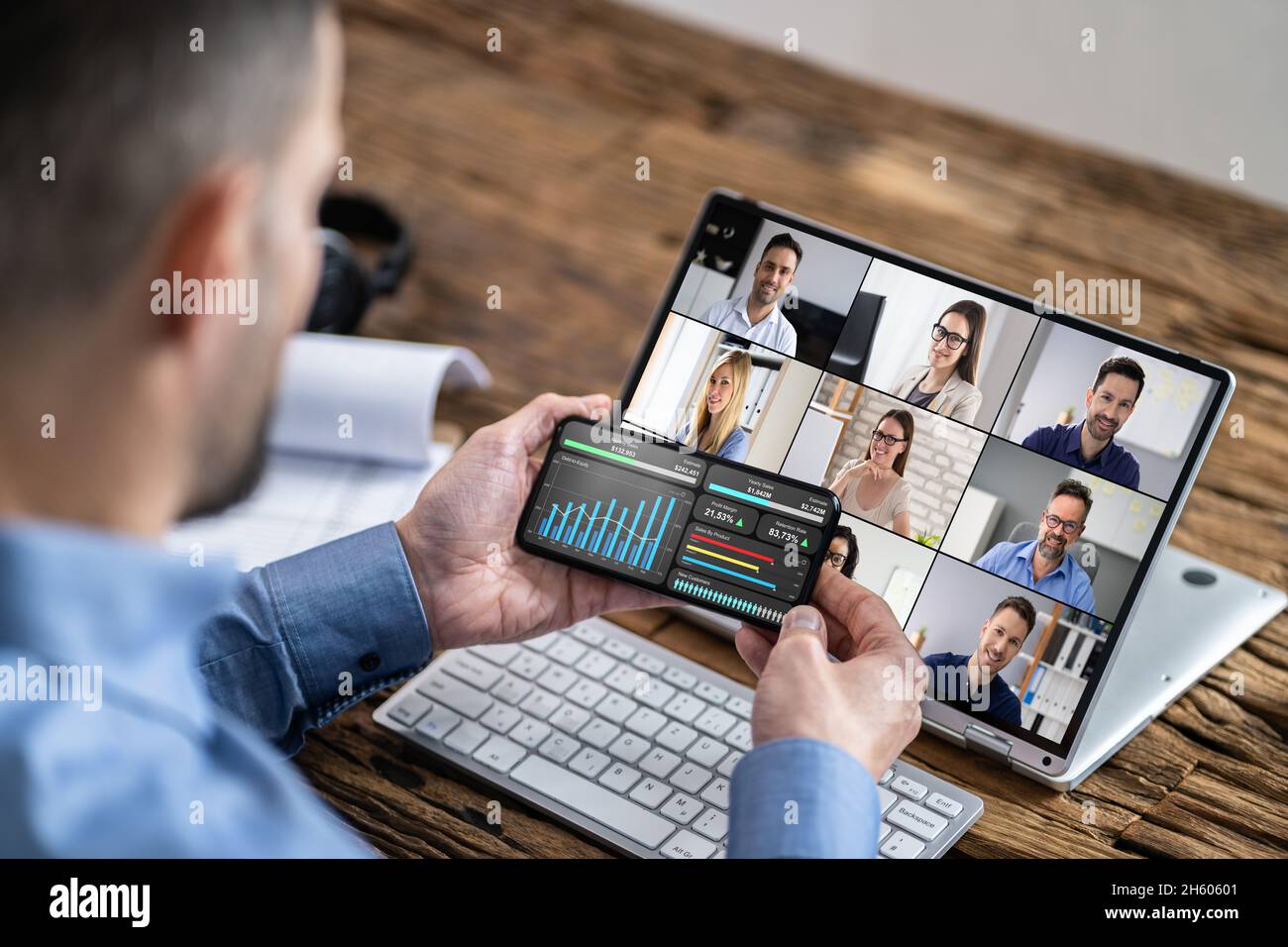 Remote Conference Webinar And KPI Dashboard Chart On Computer Stock ...