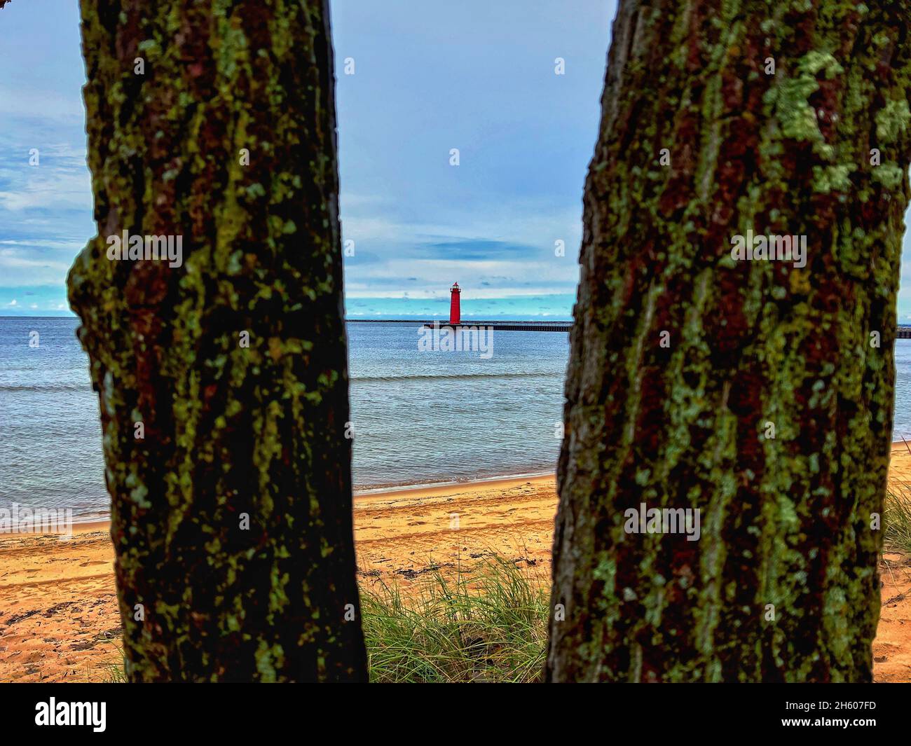 View of the sea and the lighthouse between two trees Stock Photo - Alamy