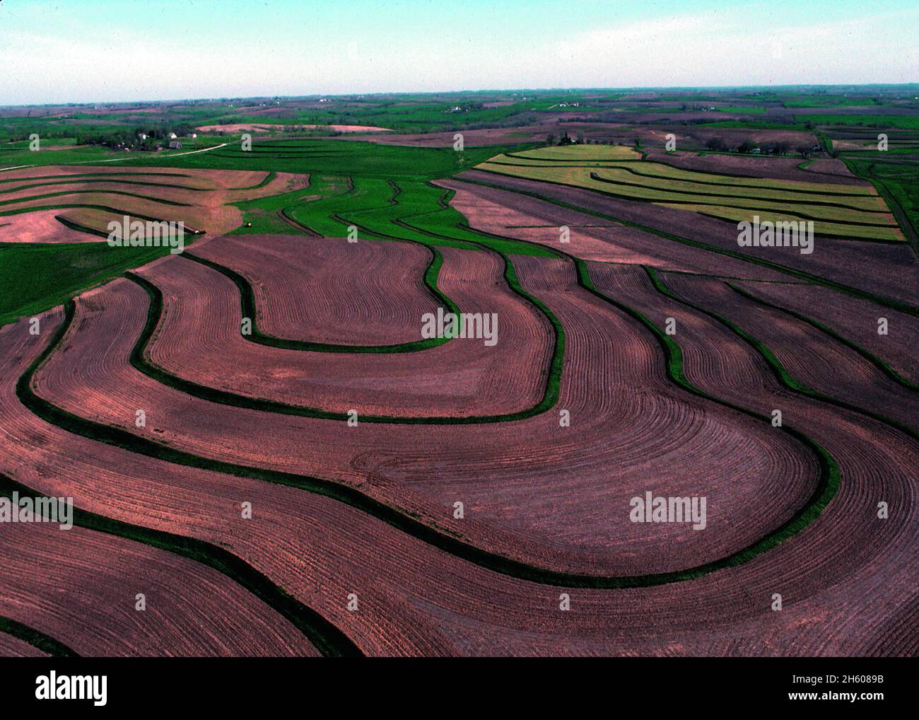 Terraces and no-till farming work to control erosion on a farm in ...