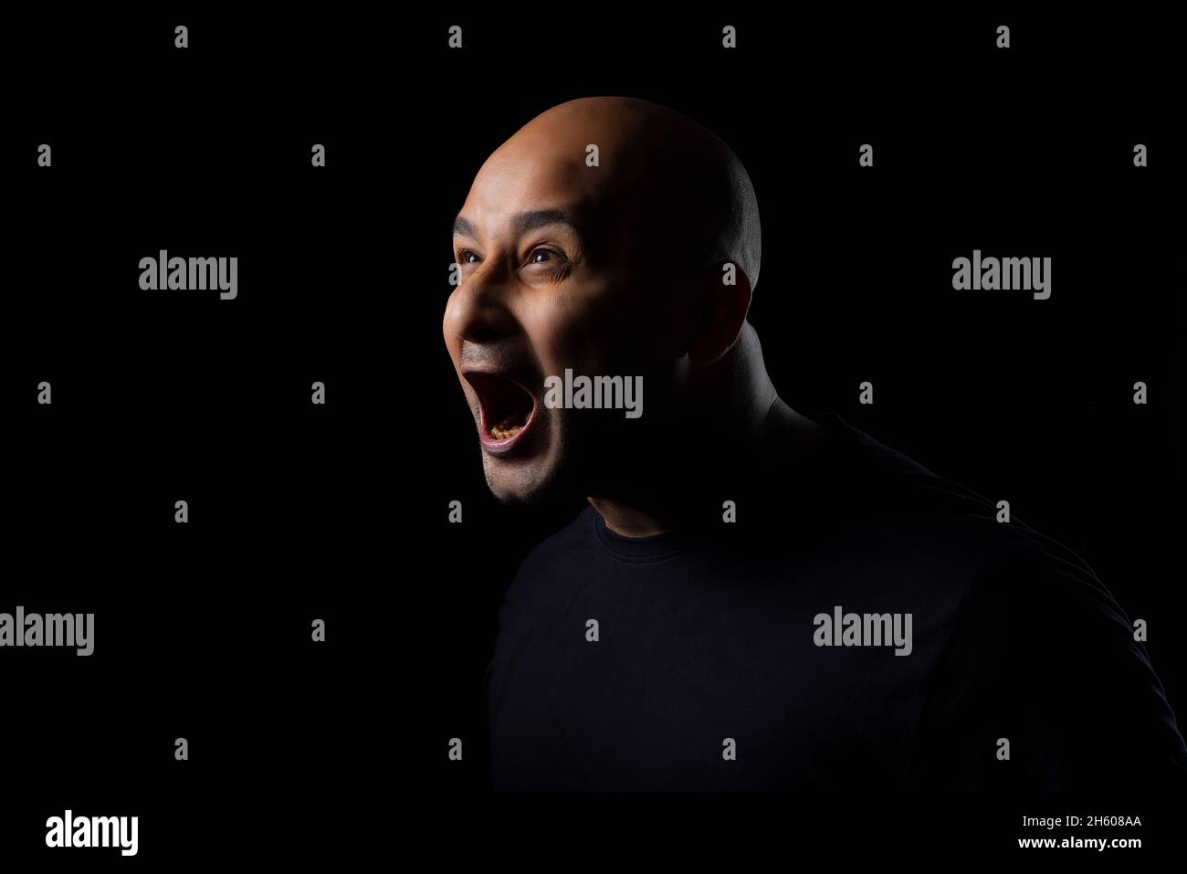 Portrait of a bald man screaming against dark black background Stock ...