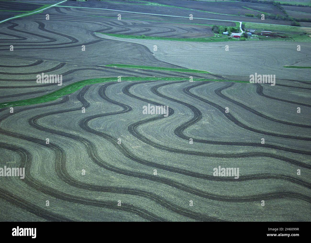 Aerial view on contour terraces and grassed waterways for erosion ...