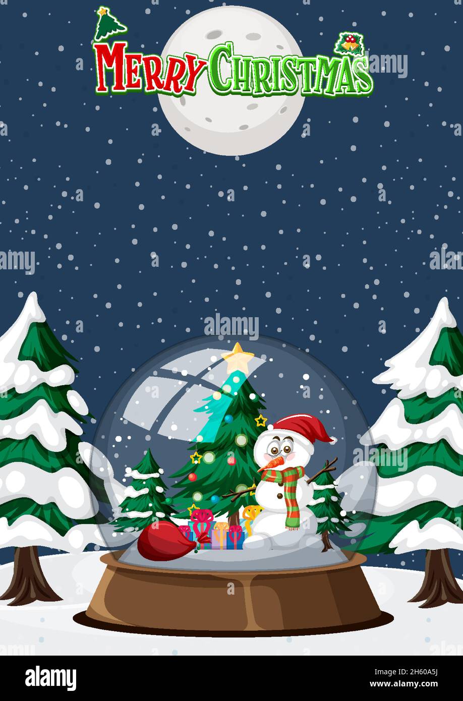 Christmas card template with snowdome and snow falling at night ...