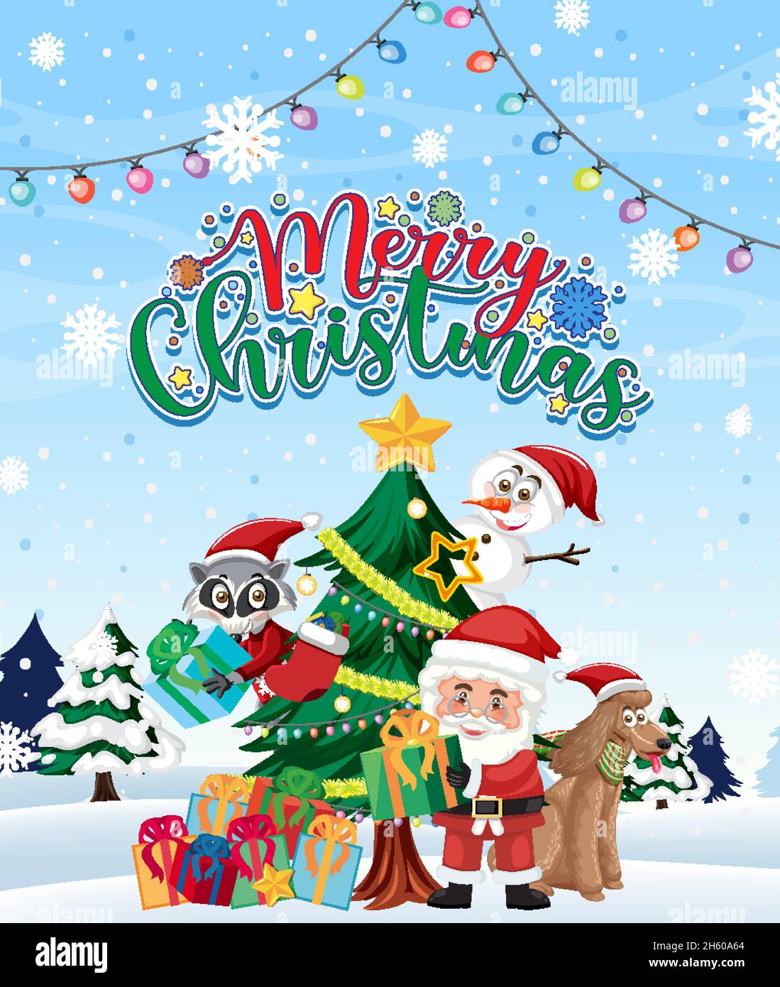 Merry Christmas poster banner with Santa and animal friends ...