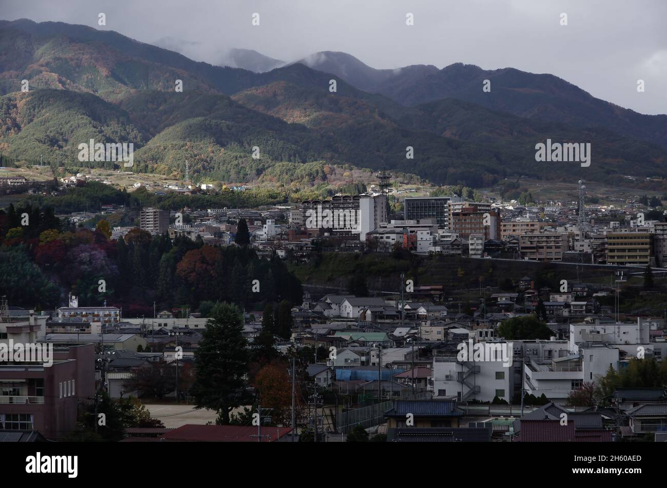 iida, nagano, japan 2021-12-11 , view of iida city from a distance ...