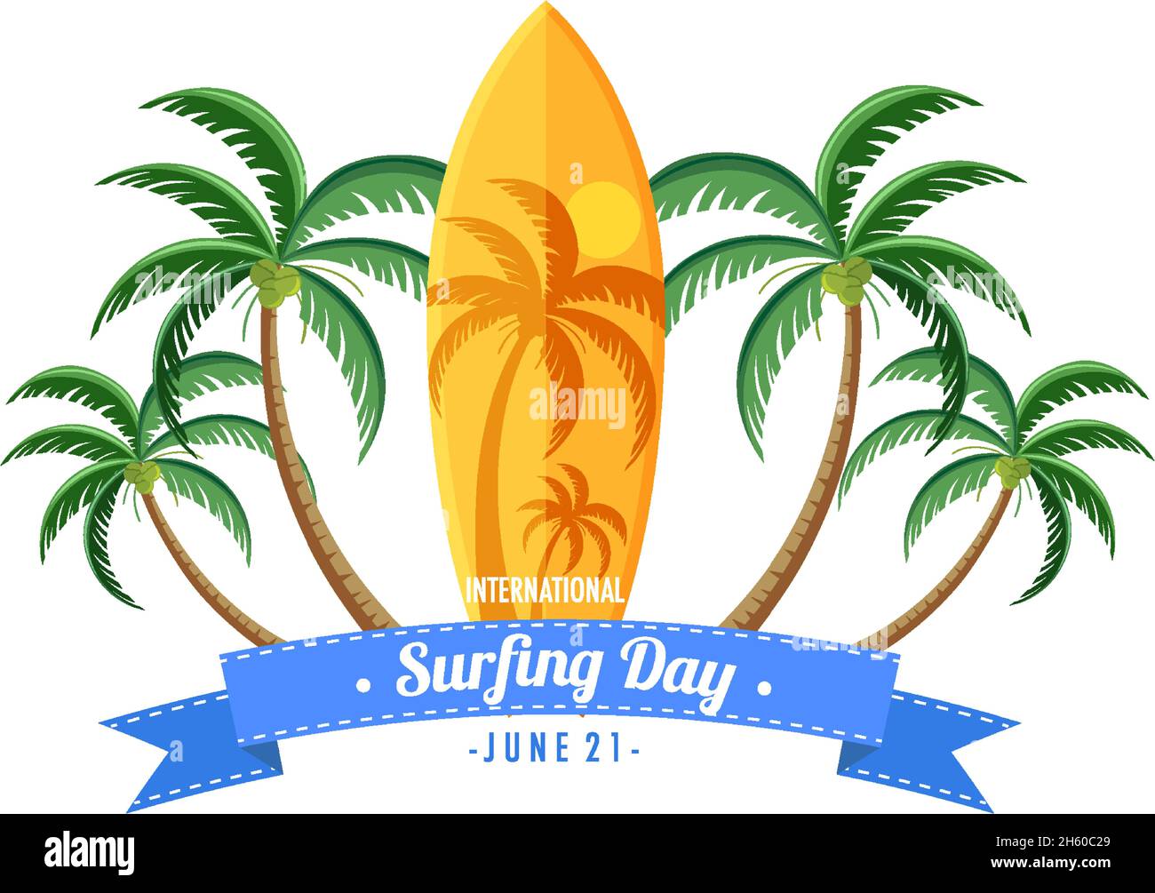 International Surfing Day banner with surfboard and palm trees isolated ...