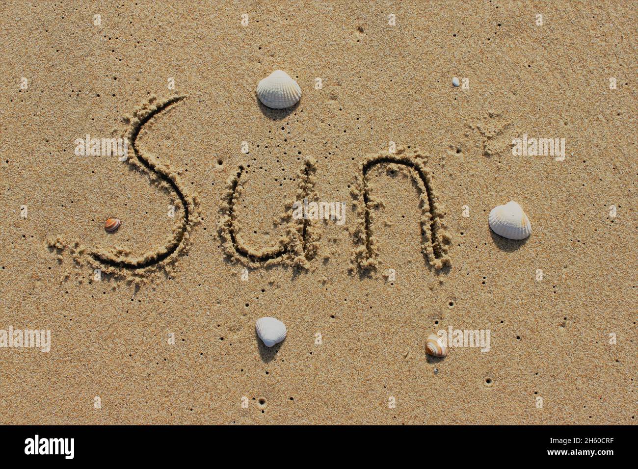On the beach, the word Sun is carved in letters in the smooth sand ...