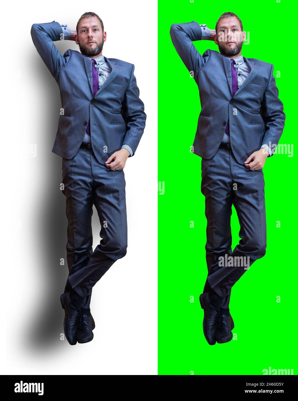 Young caucasian businessman in suit lying on green screen and white ...