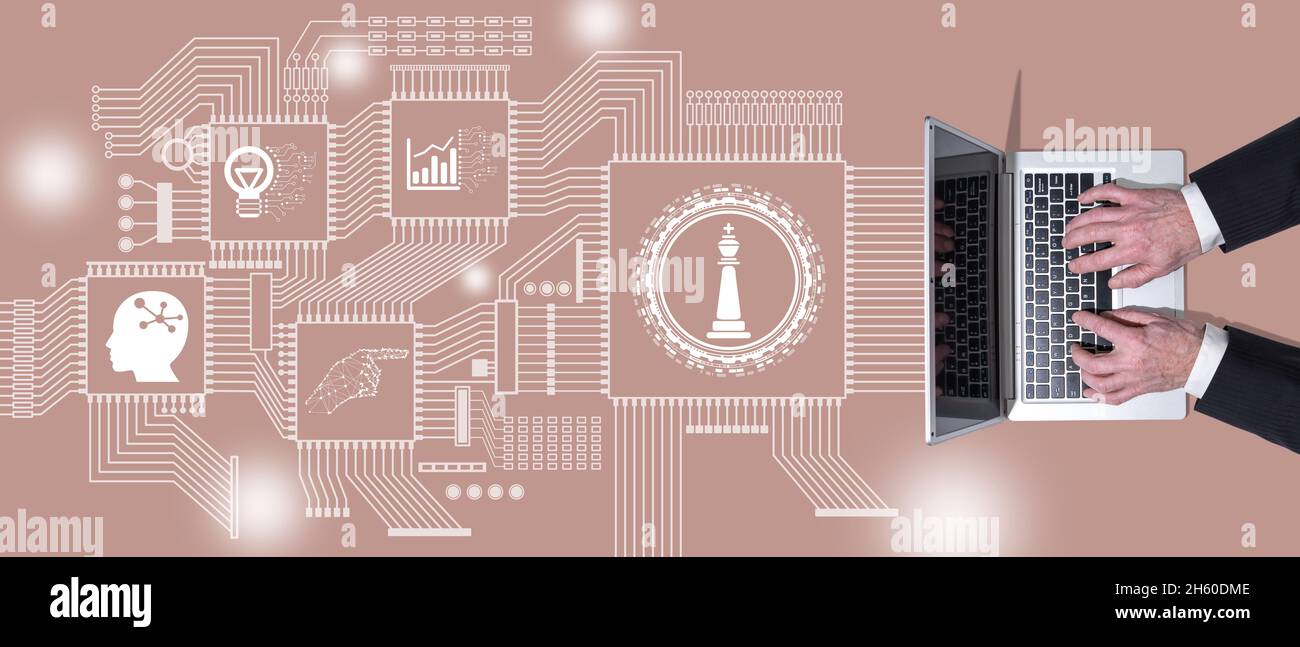 Top view of hands using laptop with symbol of digital strategy concept ...