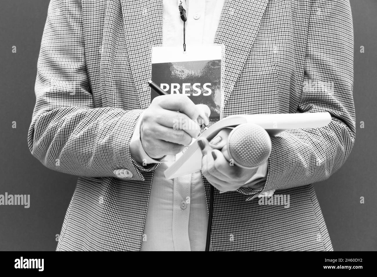 News reporter or TV journalist at press conference or media event ...