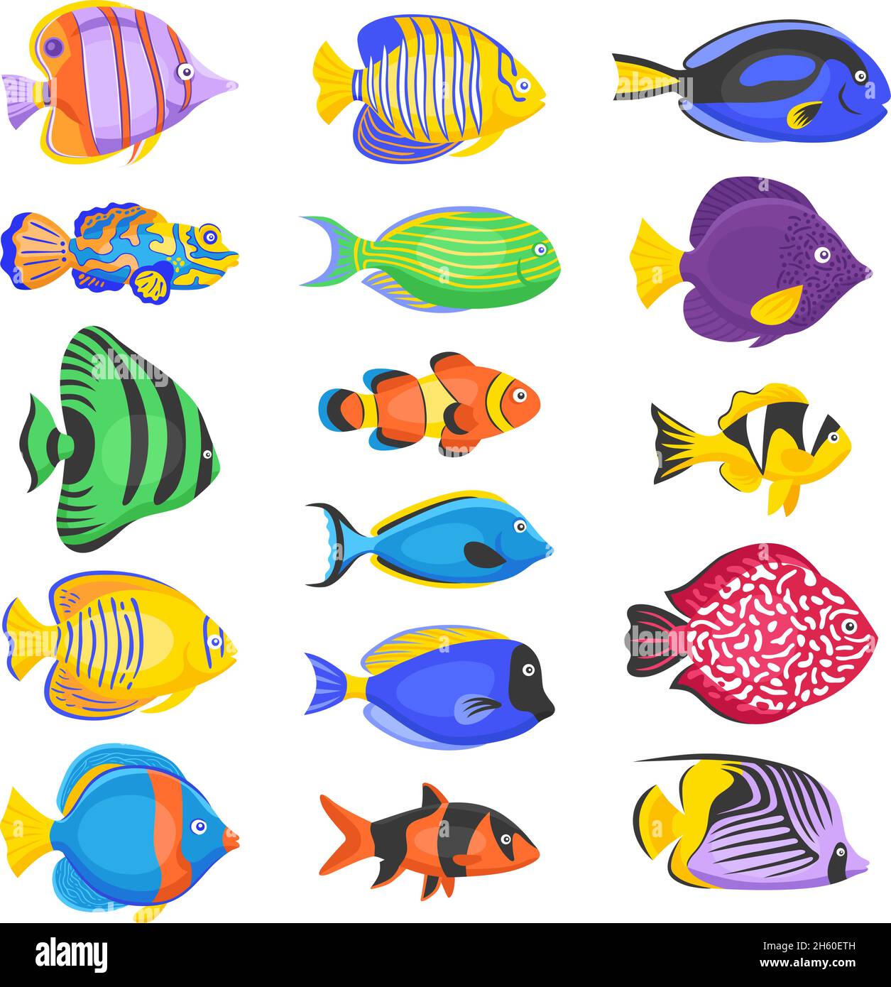 Exotic tropical fish set in different shapes and colors flat isolated ...