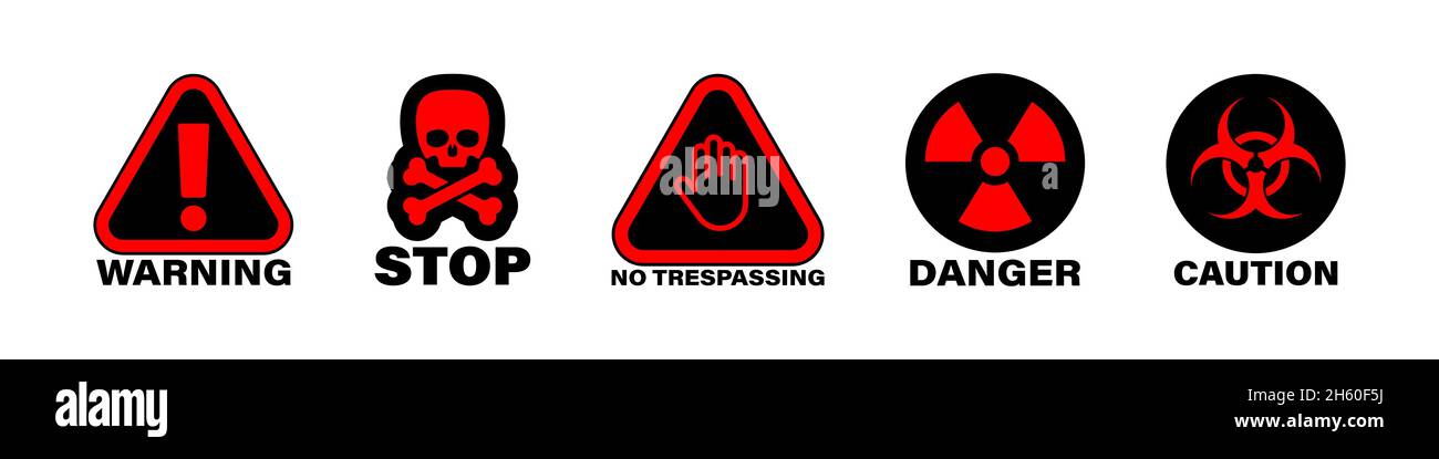 Warning stop danger protection flat icon set, chemical and radiation ...