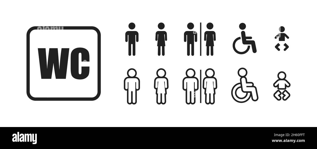 WC restroom toilet icon, man, woman, unisex, baby and wheelchair ...