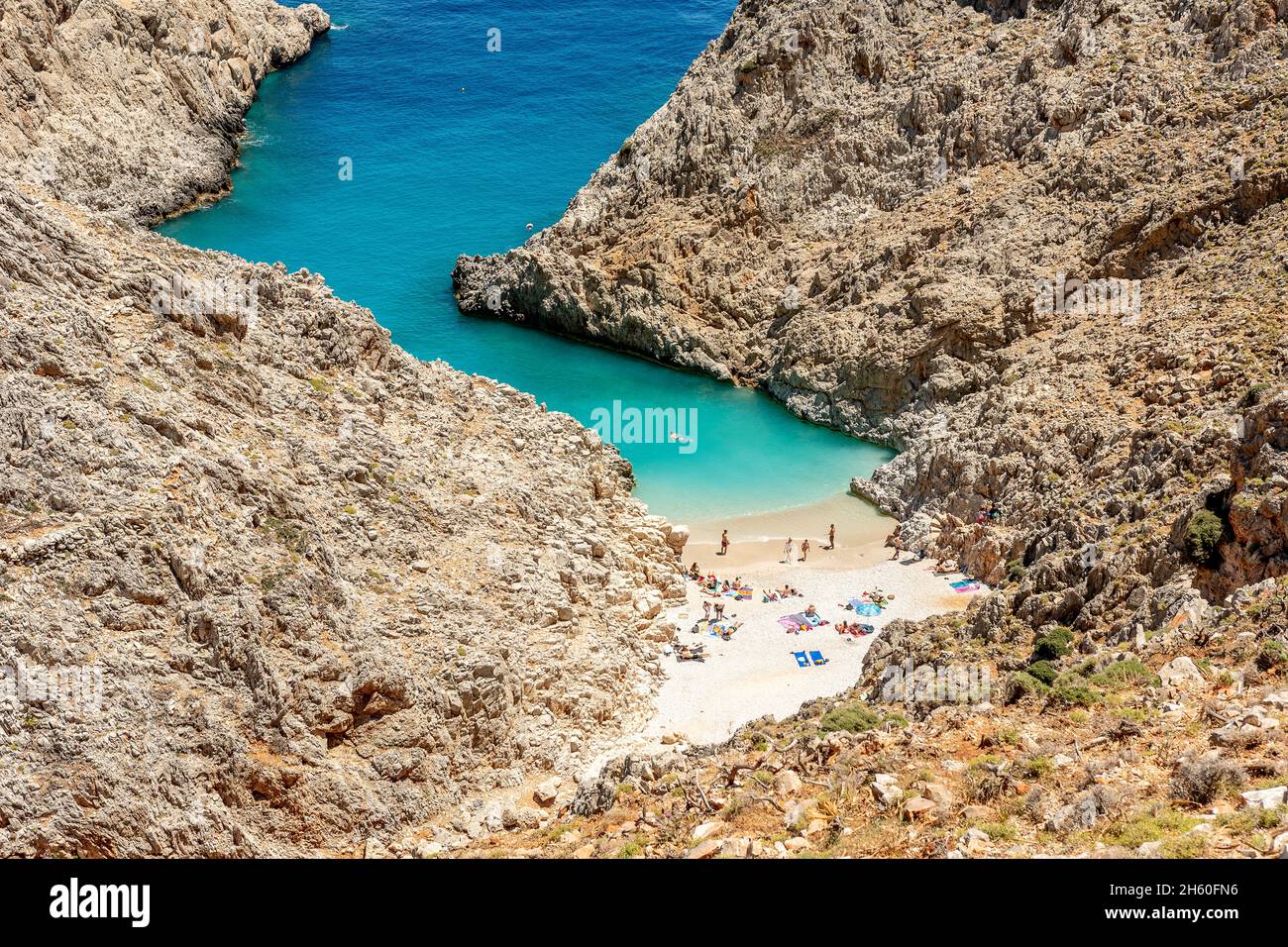 Aerial top view by drone of beach of Seitan Limania in bay with ...