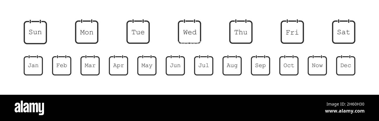 Week and month date vector icon collection, days and months in calendar ...
