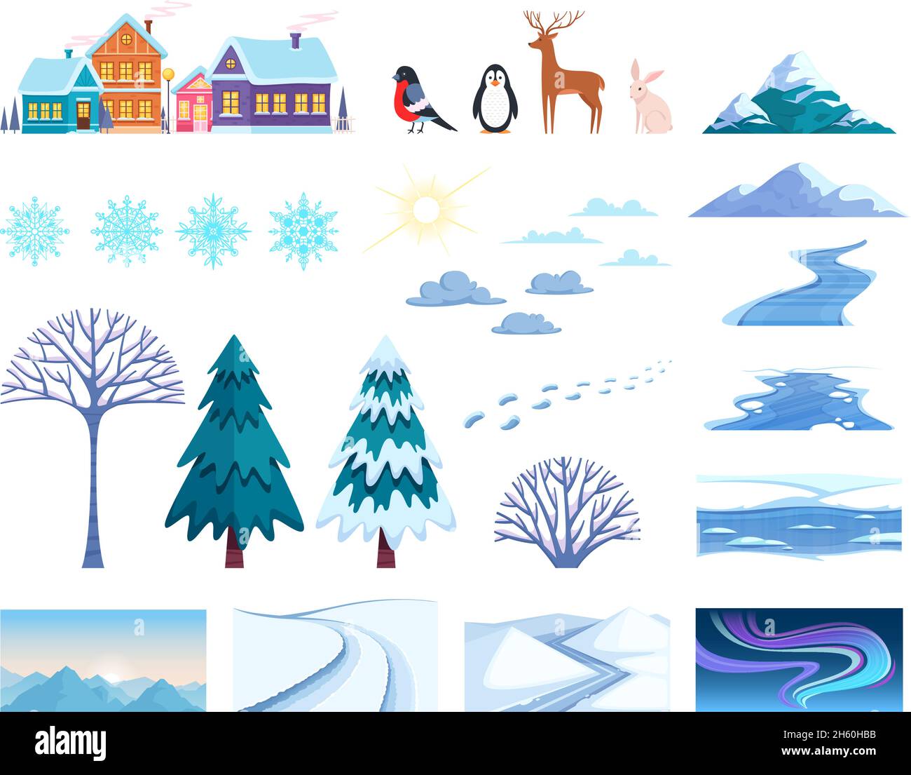 Winter landscape elements set with houses trees and snow isolated flat vector illustration Stock ...