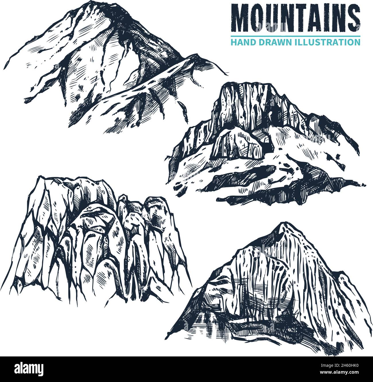 Hand drawn contours of different forms of mountains and its peaks on ...