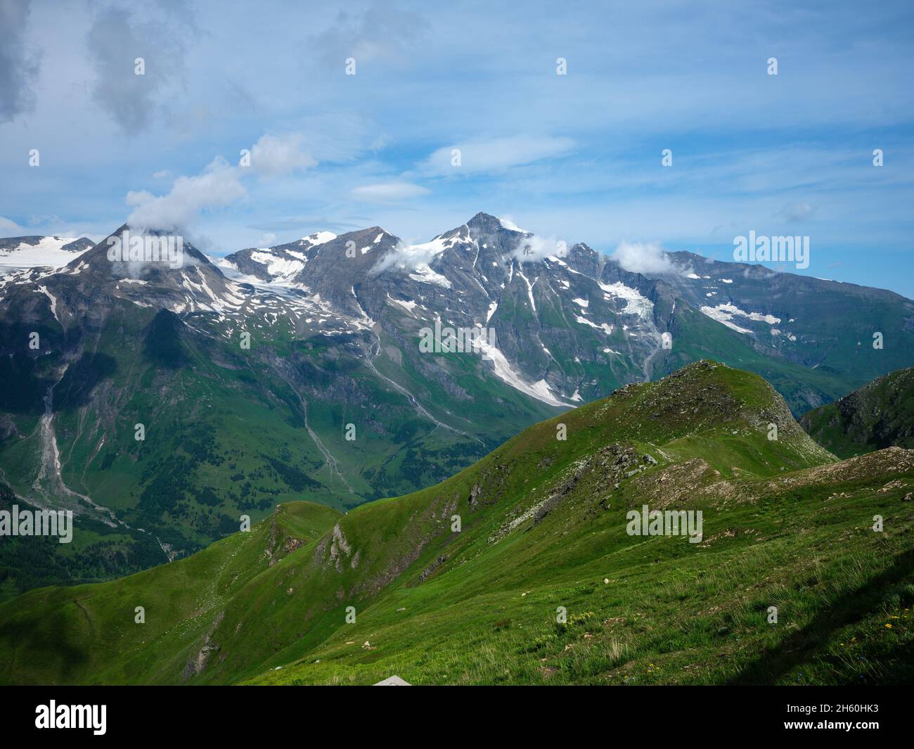 summer green Alps mountains in Austria with snowy peaks near ...