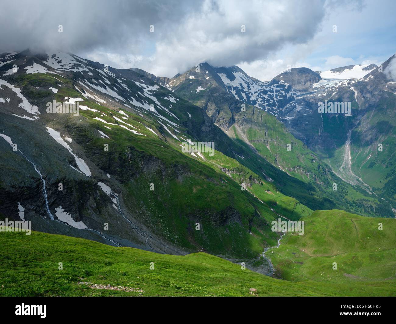 summer green Alps mountains in Austria with snowy peaks near ...