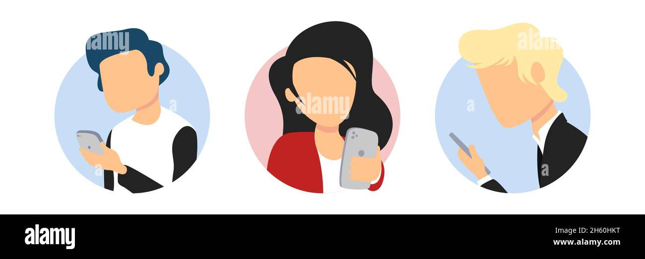 Character holding phone in hand, woman and man with smartphone flat ...