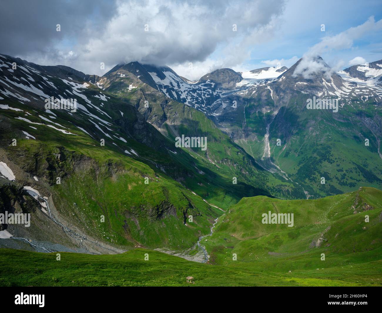 summer green Alps mountains in Austria with snowy peaks near ...