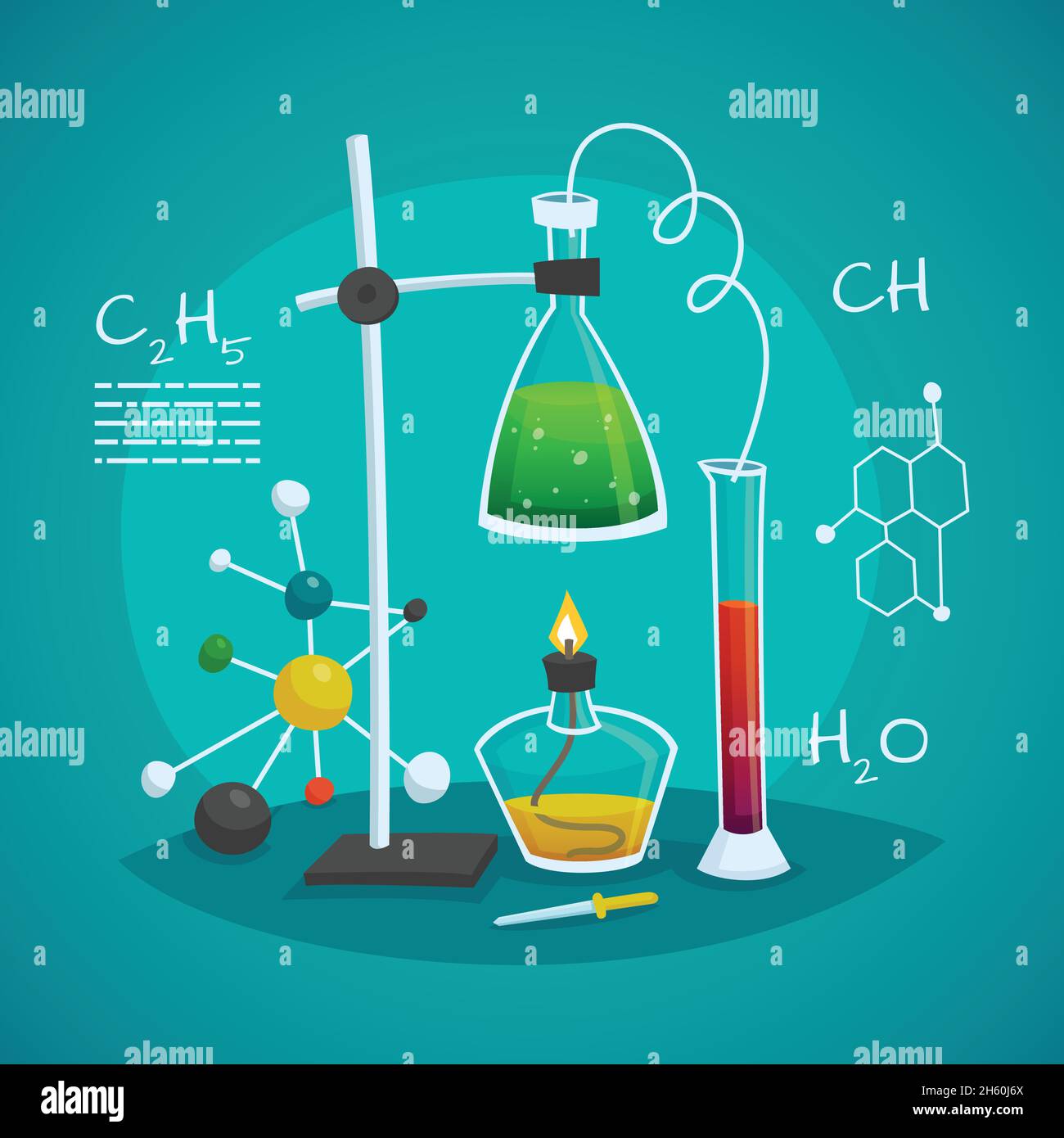 Chemical laboratory workspace design concept with burner flask and ...