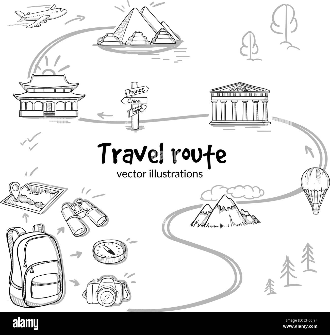 Sketch travel route concept with backpack map binoculars compass camera ...