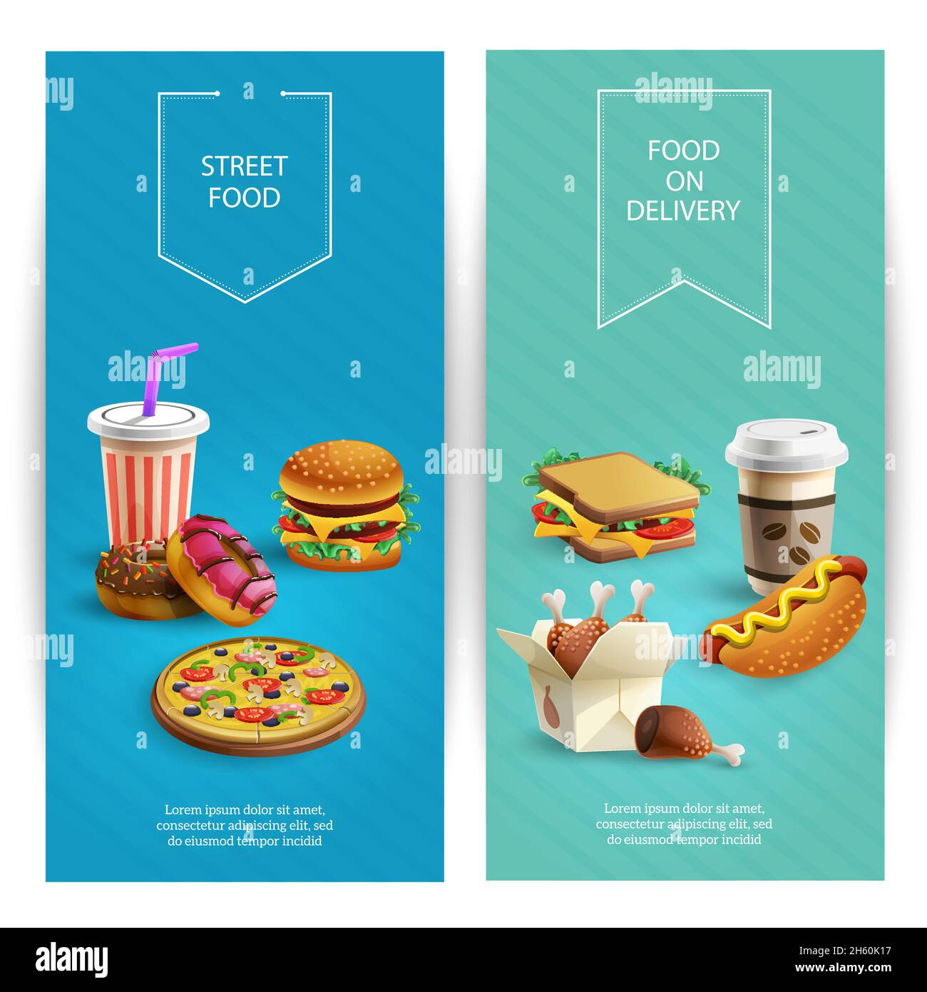 Vertical cartoon banners set with delicious fast food dishes on ...
