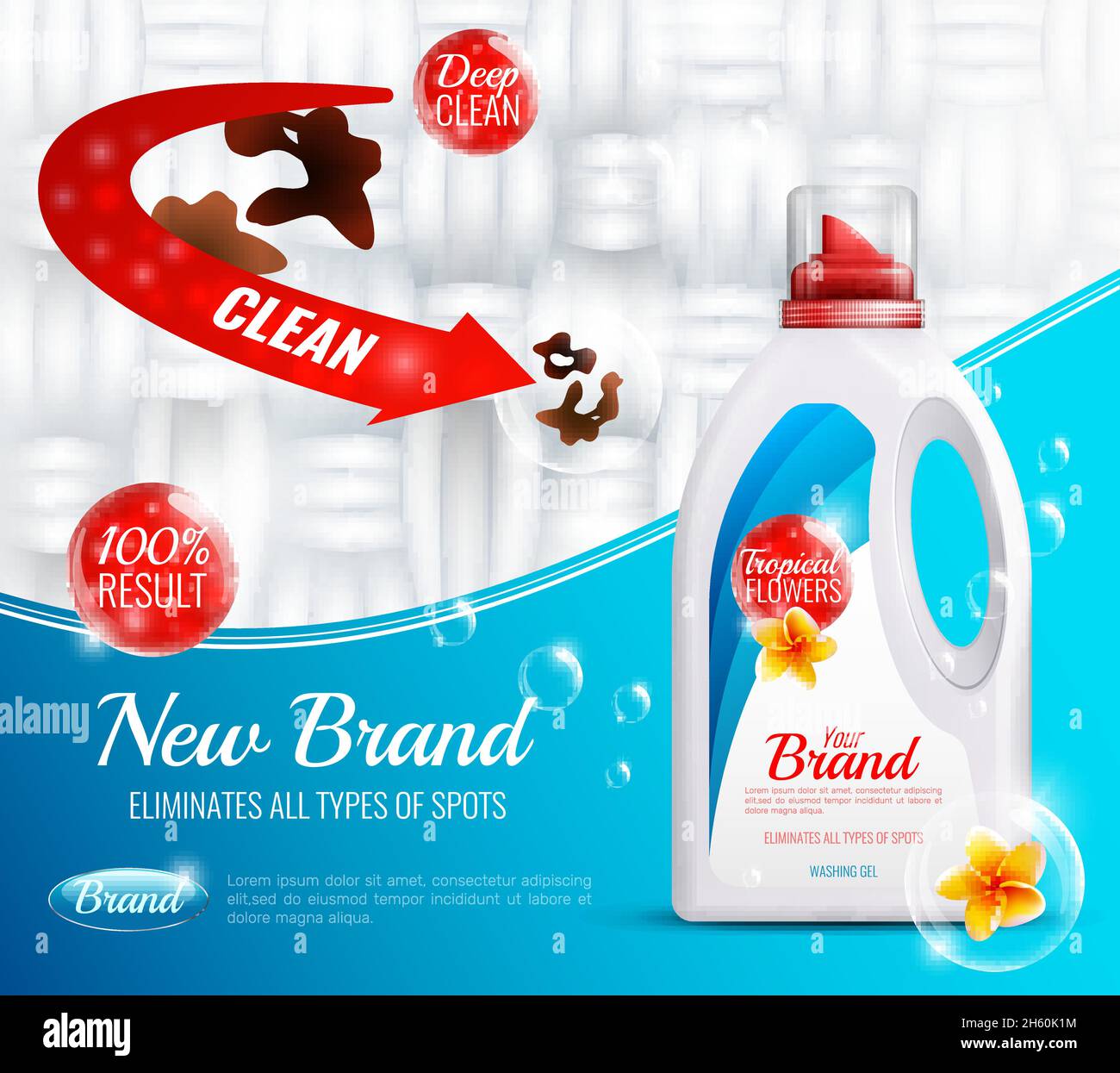 Colored detergents clothes poster with new brand eliminates all types ...
