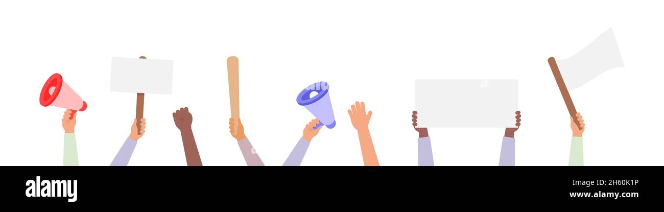 Hand holding protest posters vector collection, rebel placards in hands ...