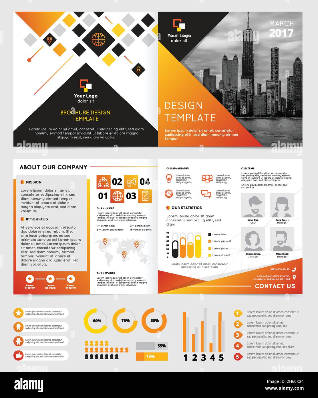 Company brochure design with progress symbols flat isolated vector ...