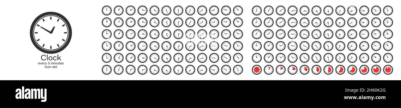 Clock every five minutes big icon set, flat clocks collection time ...