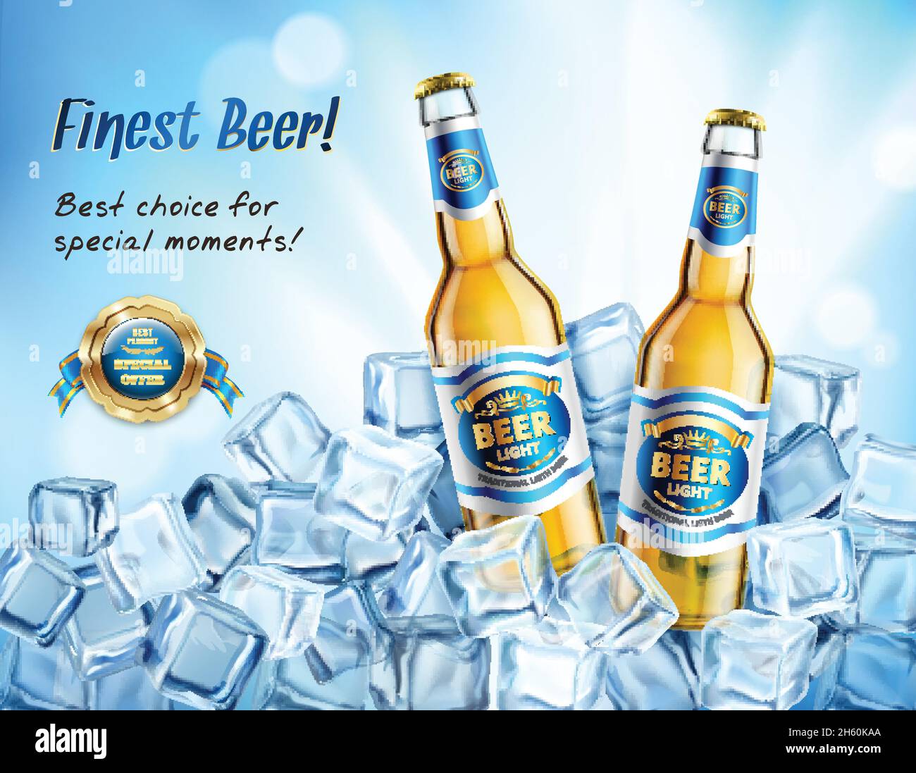 Realistic glass bottles of light beer in ice cubes ad poster on blue ...