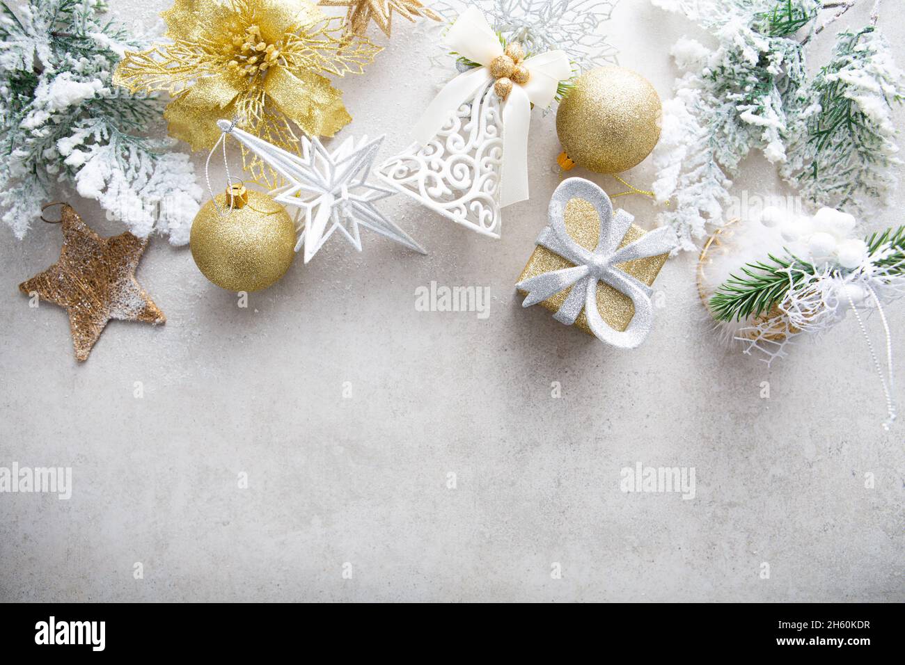 Christmas decorations top view and copy space seasonal background Stock ...