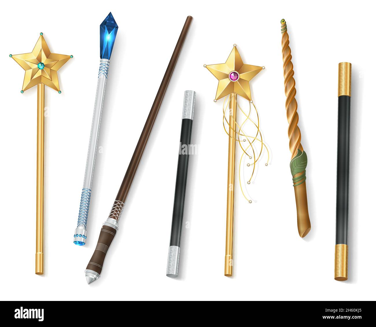 Collection of magic wands of various shapes with stars and jewel ...