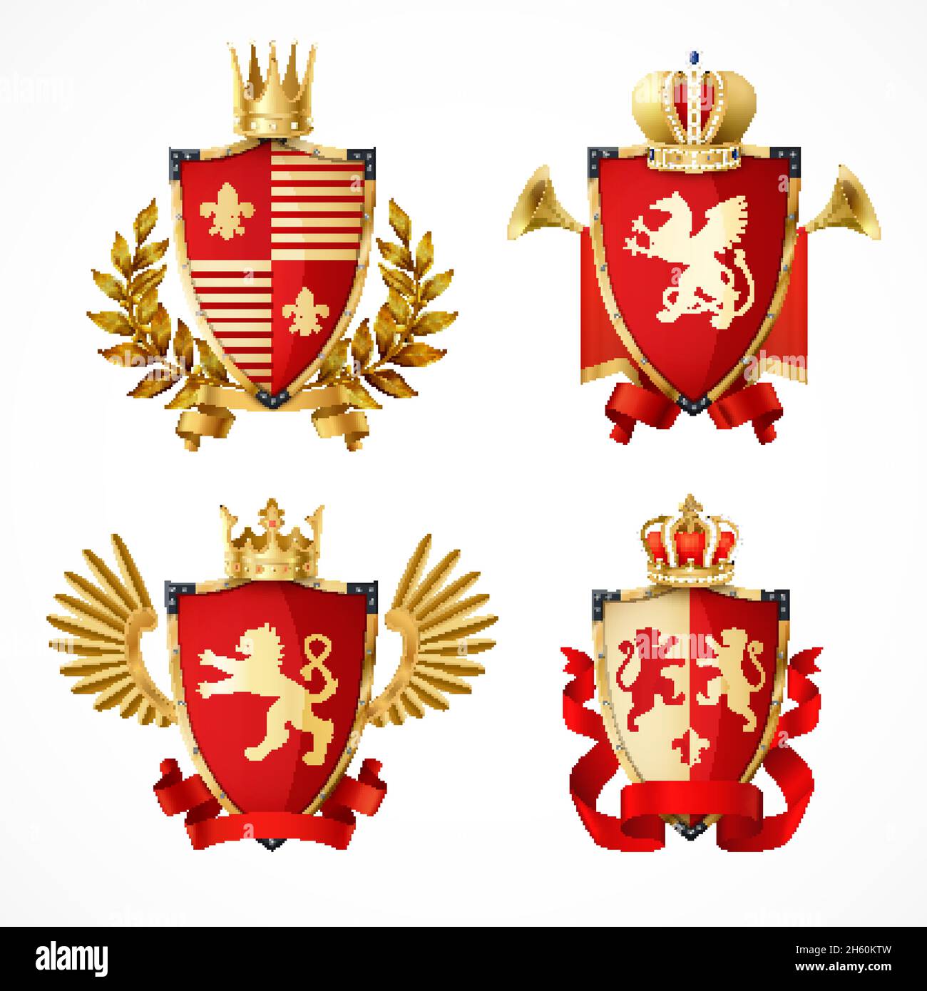 Heraldic Coat Of Arms On Shields Realistic Set Isolated Vector